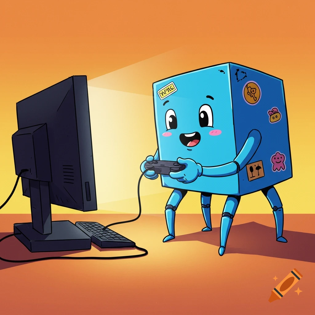 Cartoon blue box creature with legs and arms playing video games on a ...