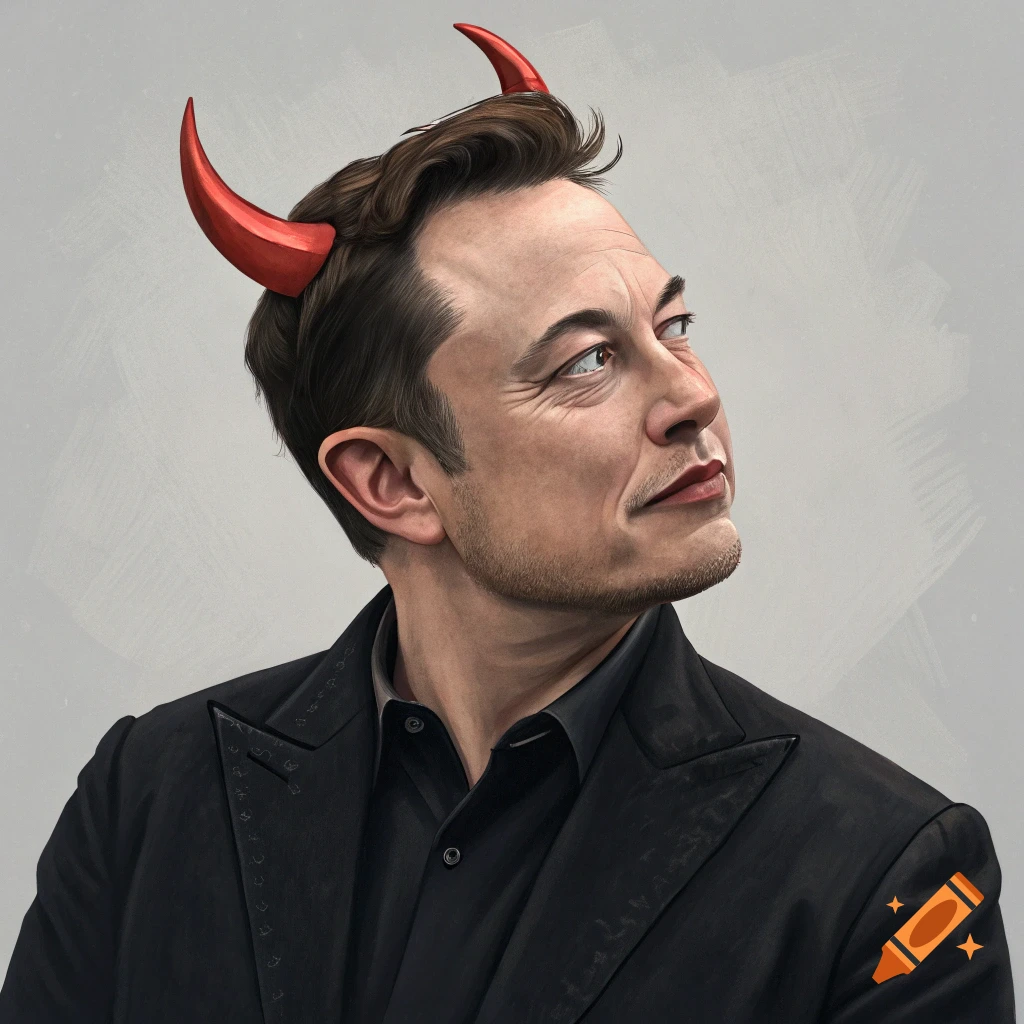 Stylized portrait of a man resembling Elon Musk wearing red devil horns ...