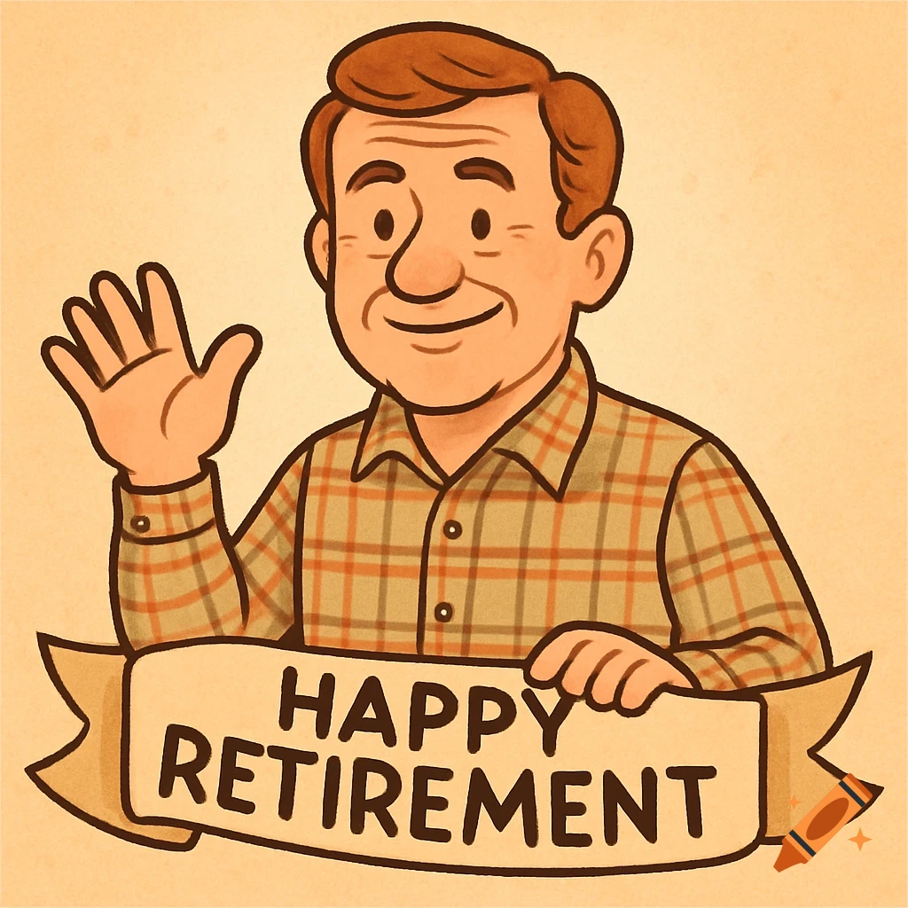 Cartoon illustration of a man waving, holding a banner that says 'Happy ...