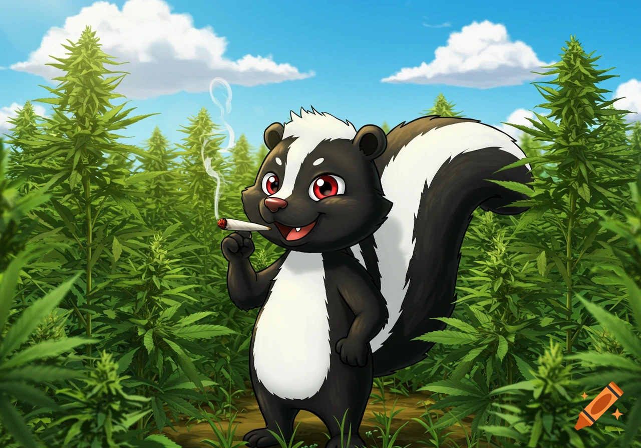 A cartoon skunk with red eyes smoking a joint in a cannabis field. on ...