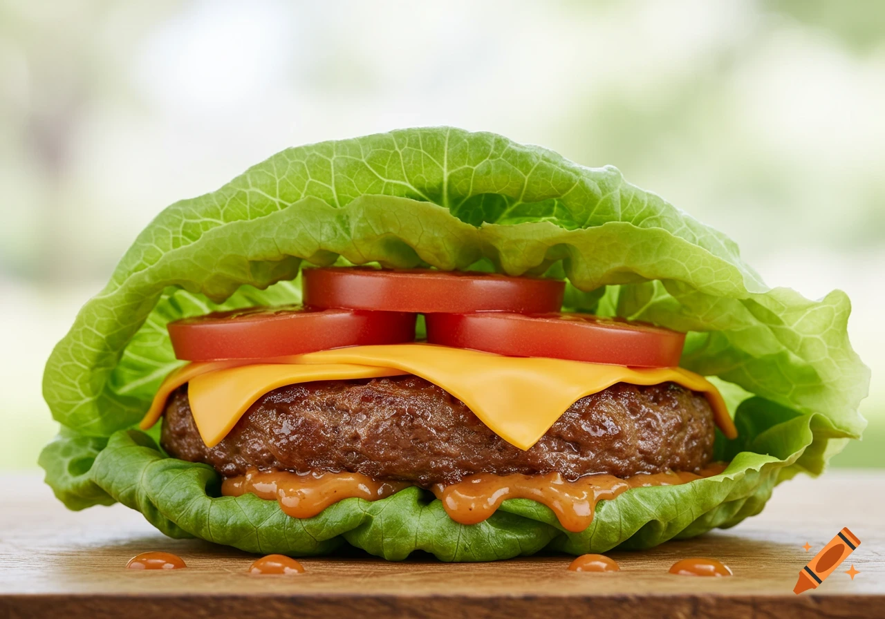 A close-up photo of a lettuce-wrapped burger with cheese, tomato, and ...
