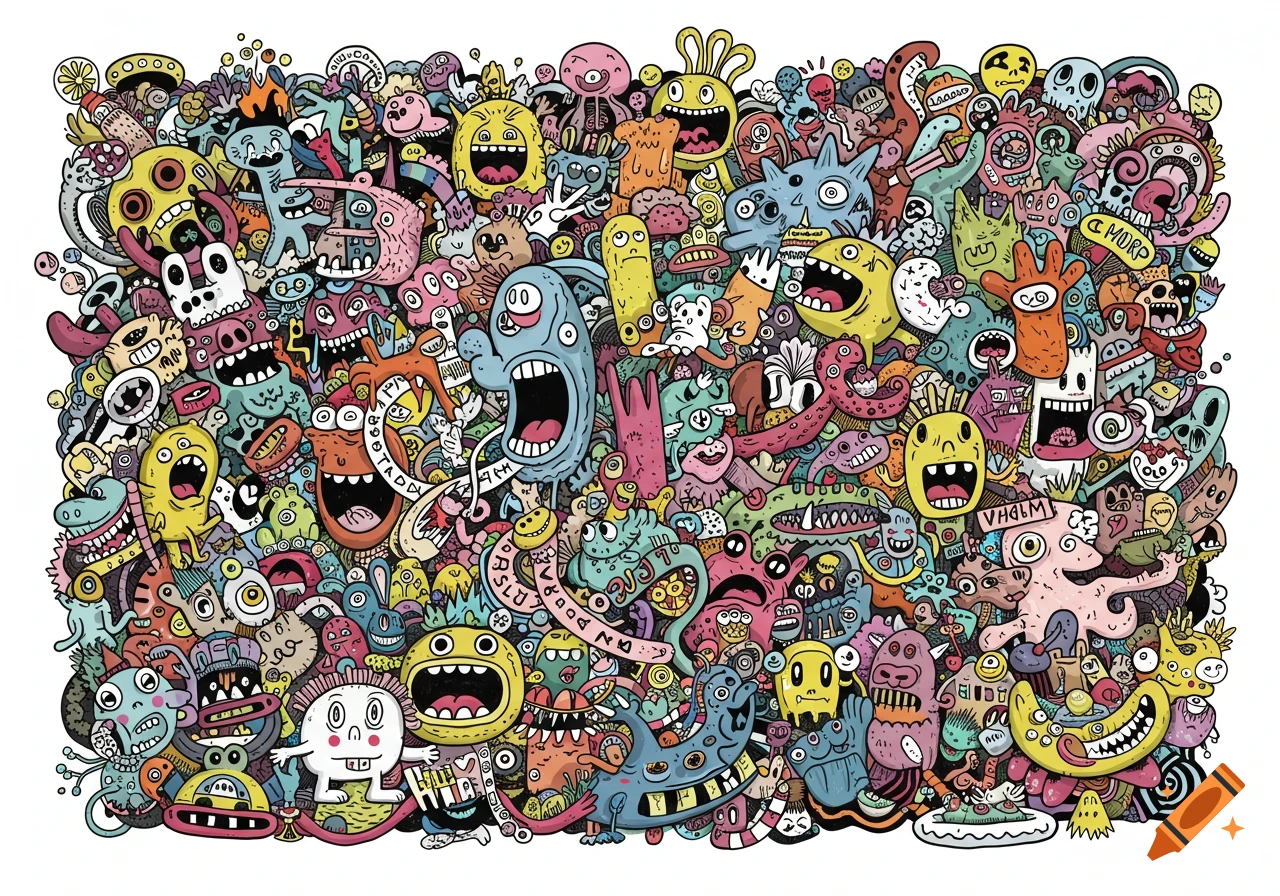 Dense, colorful doodle illustration filled with many cartoon monsters ...