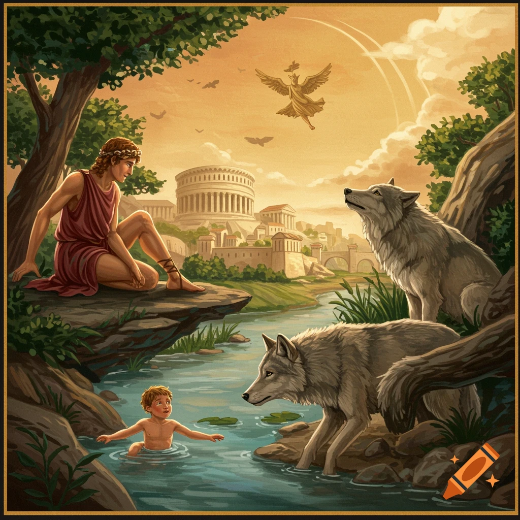 Illustration of a man watching a baby in a river with wolves and an ...