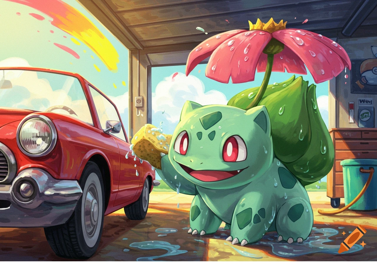 Illustration of Bulbasaur washing a red classic car with a sponge in a ...