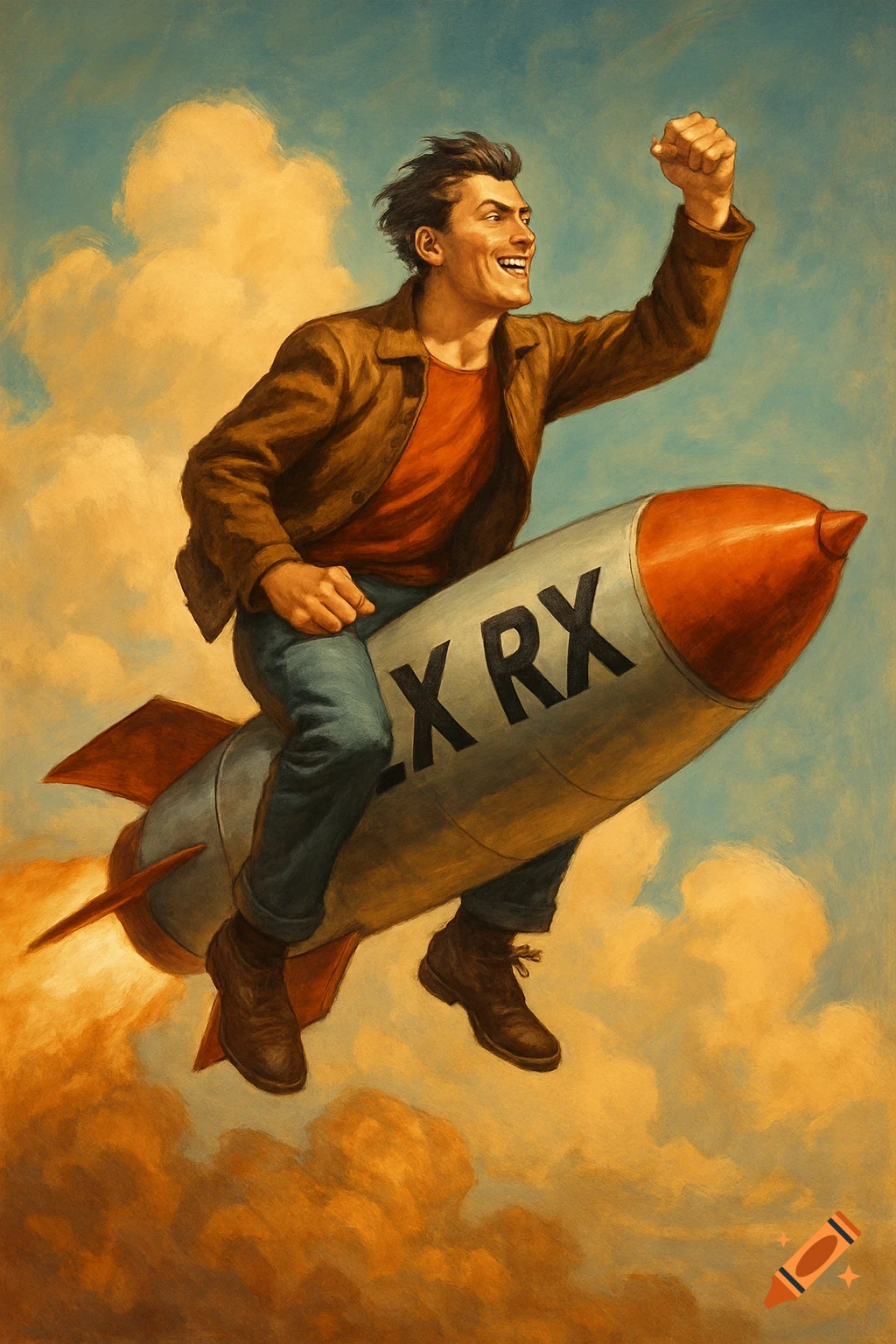 A man rides a rocket through the clouds in a vintage pulp art style. on ...