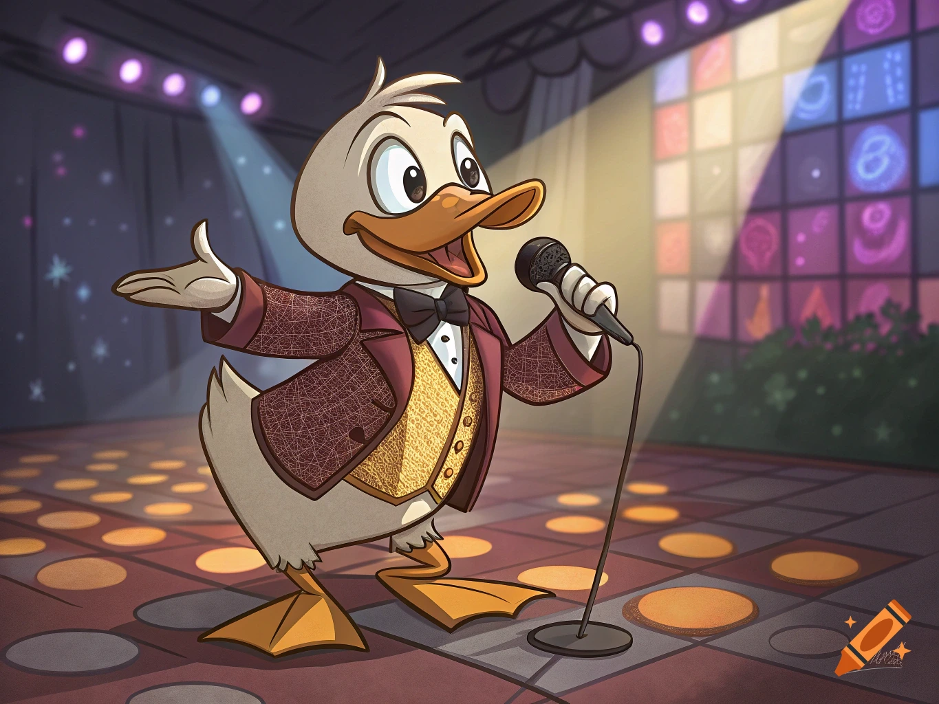 Cartoon duck in a suit singing on a disco stage with a microphone. on ...