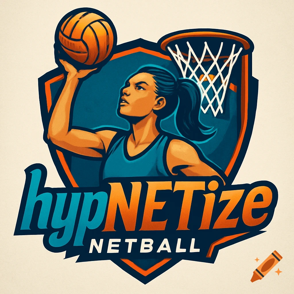 Netball logo with a player shooting a ball into a hoop and the text ...
