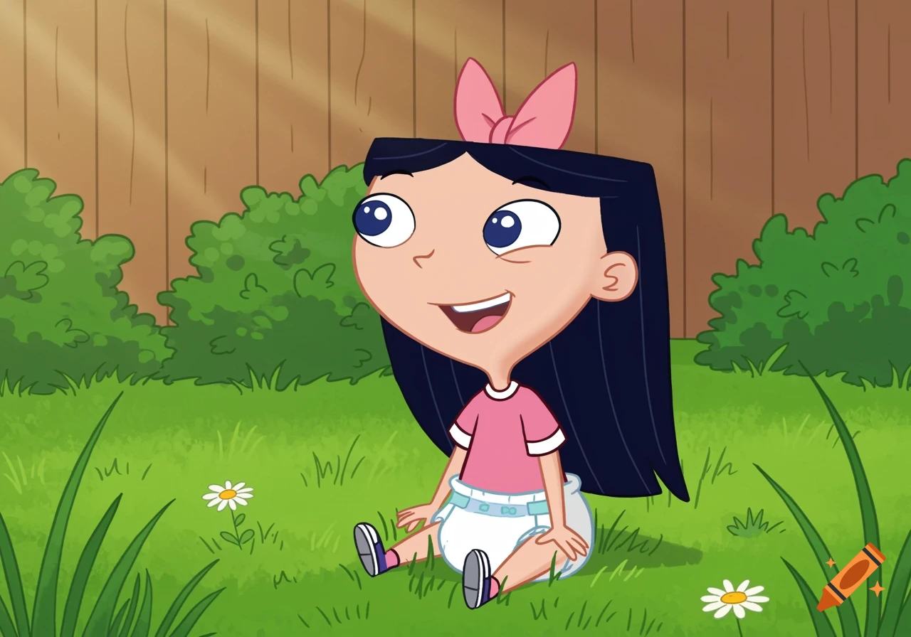 Cartoon baby Isabella from Phineas and Ferb sitting in grass wearing a ...