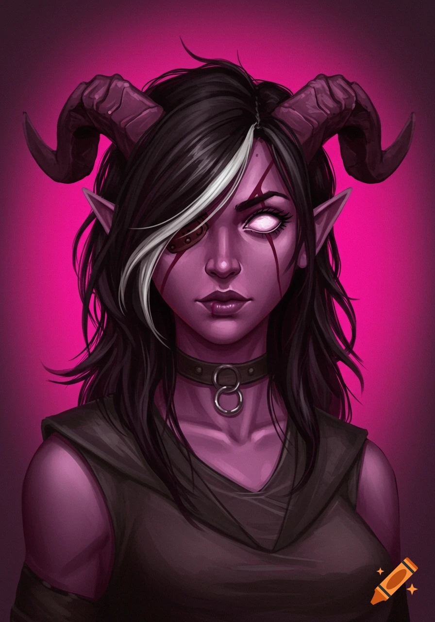 Close-up portrait illustration of a fantasy Tiefling character with ...