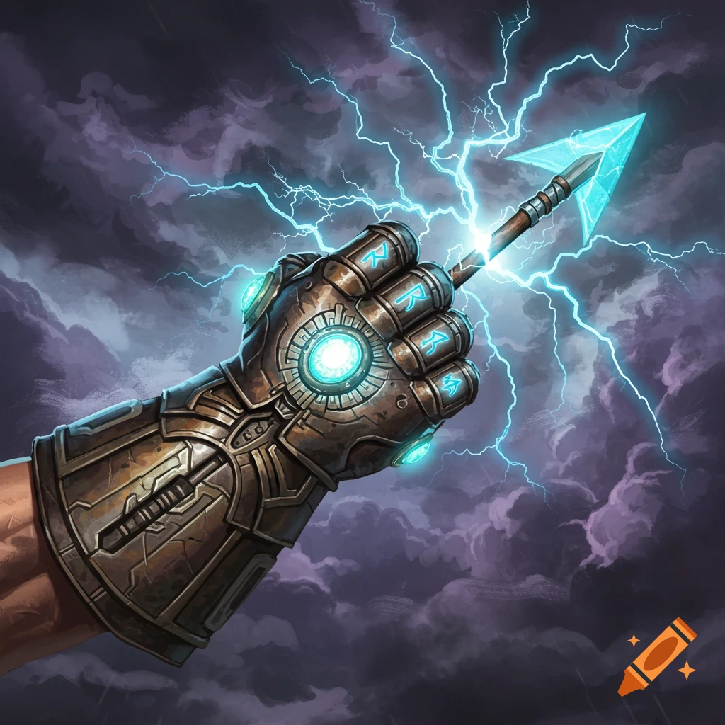 Fantasy gauntlet holding an electrified arrow amidst lightning and dark ...