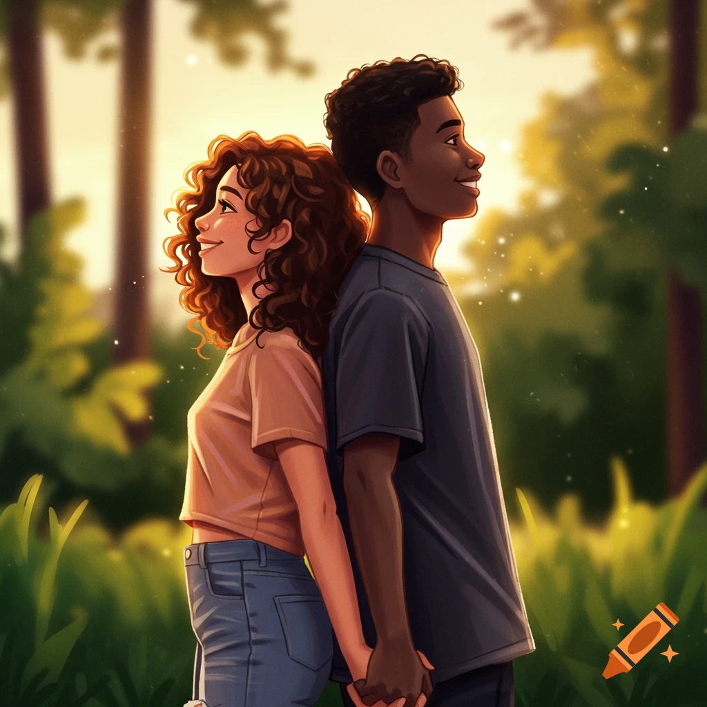 Stylized illustration of two young people, back to back, holding hands ...