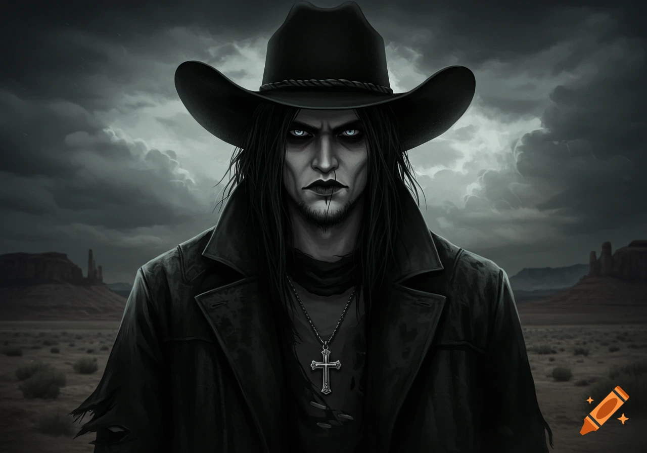 A portrait illustration of a gothic man in a cowboy hat and coat ...