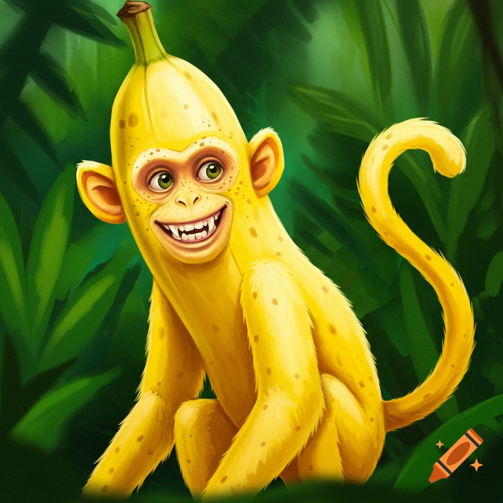 Cartoon banana monkey hybrid sitting in jungle foliage. on Craiyon