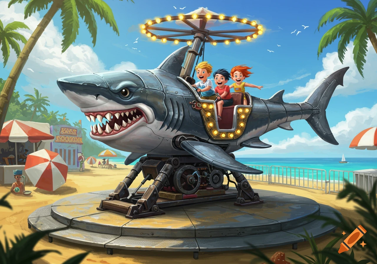 Cartoon illustration of children riding a mechanical shark amusement ...