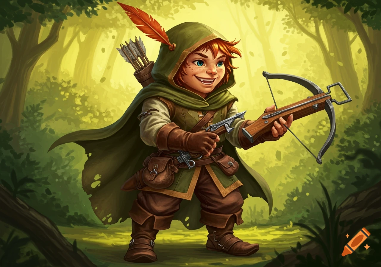 A smiling halfling in a hooded cloak stands in a sunlit forest, holding ...