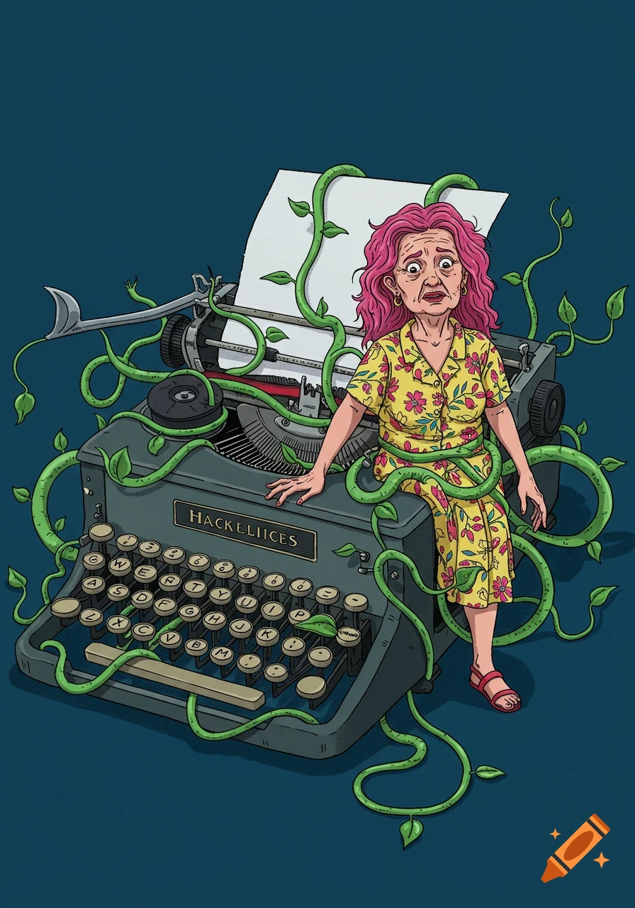 Illustration of a woman tangled in vines on a large typewriter. on Craiyon