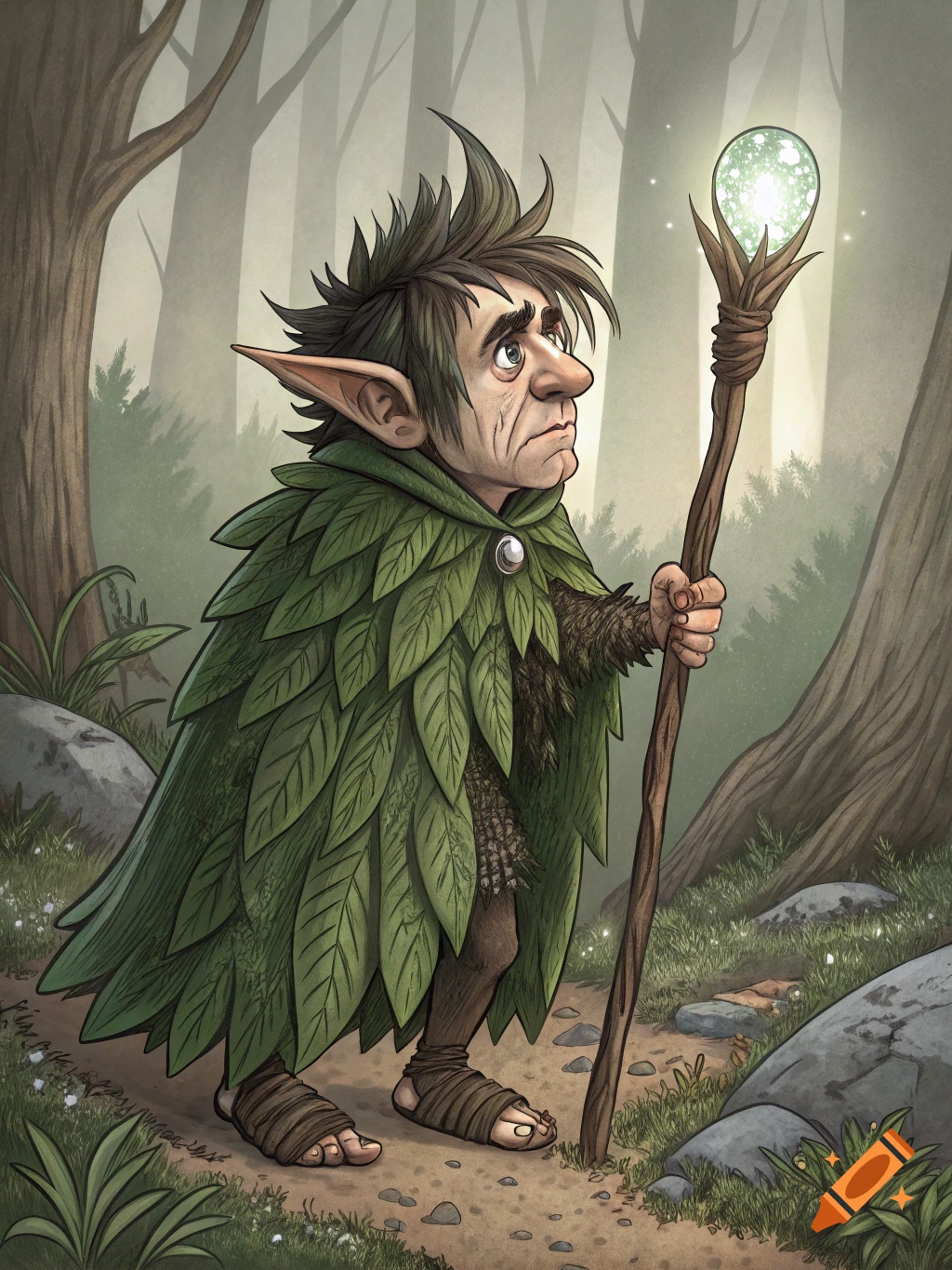 Illustration of a gnome druid wearing a leaf cloak, standing in a ...