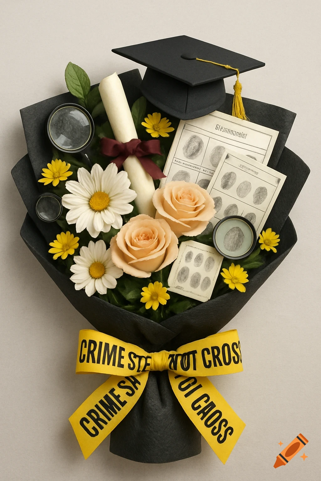 A flower bouquet with a graduation cap, diploma, magnifying glasses ...