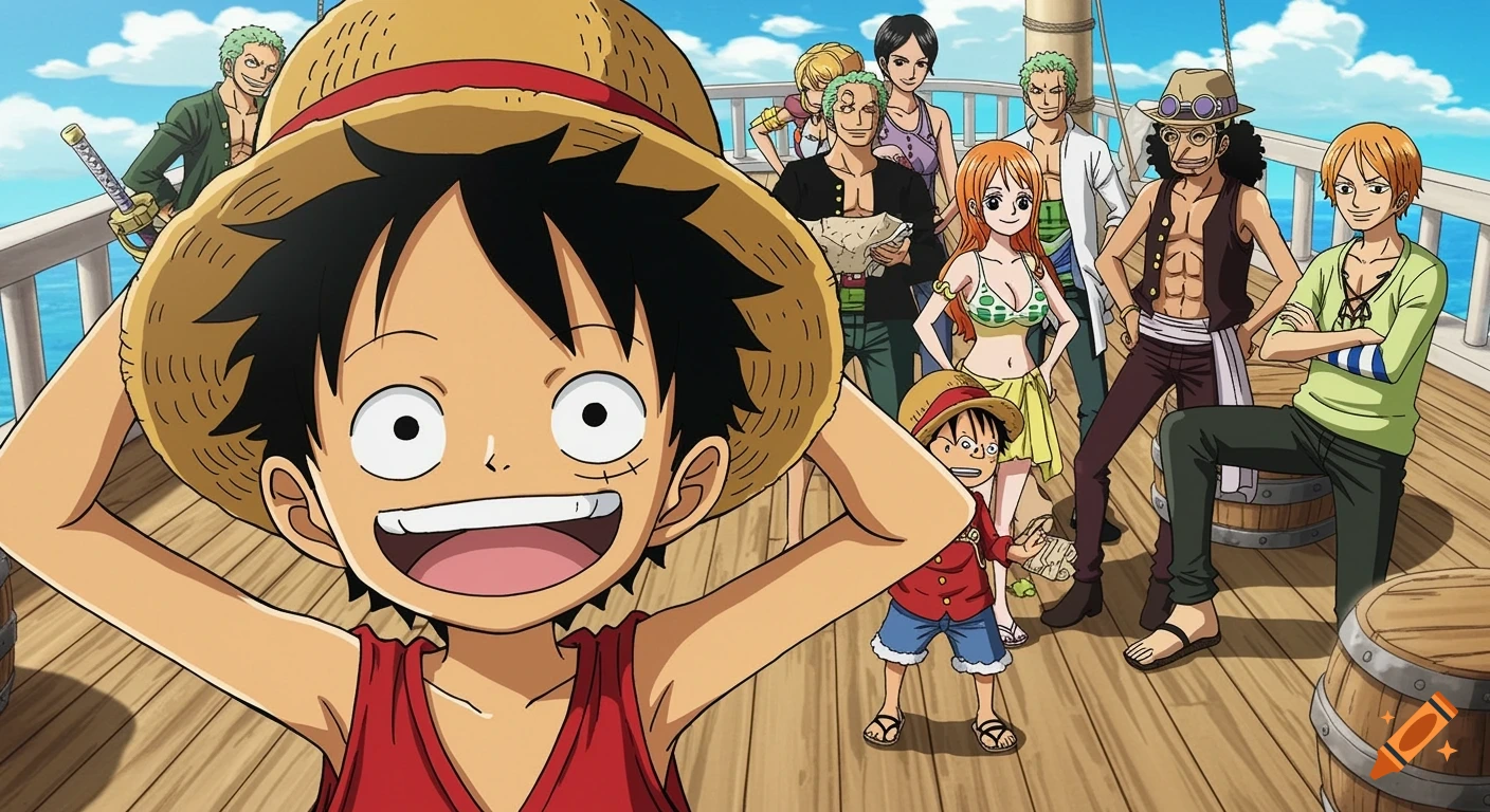 Straw Hat Pirates crew on the Thousand Sunny ship in anime style on Craiyon