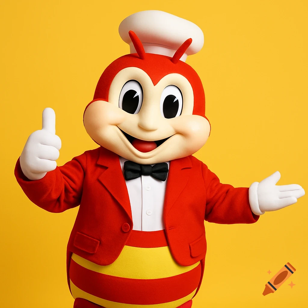 Jollibee mascot in a red suit giving a thumbs up against a yellow ...