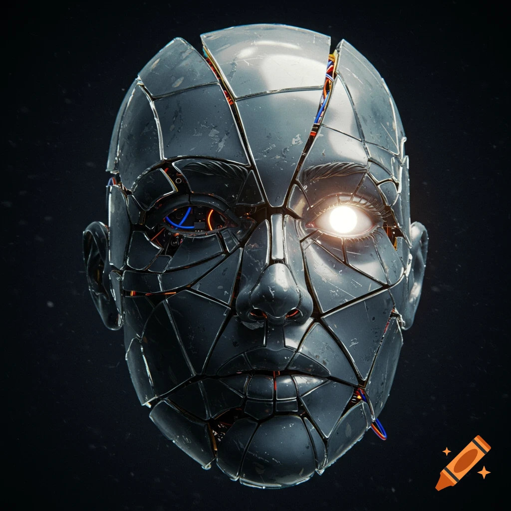 Stylized face made of broken dark metal shards with wires and one ...