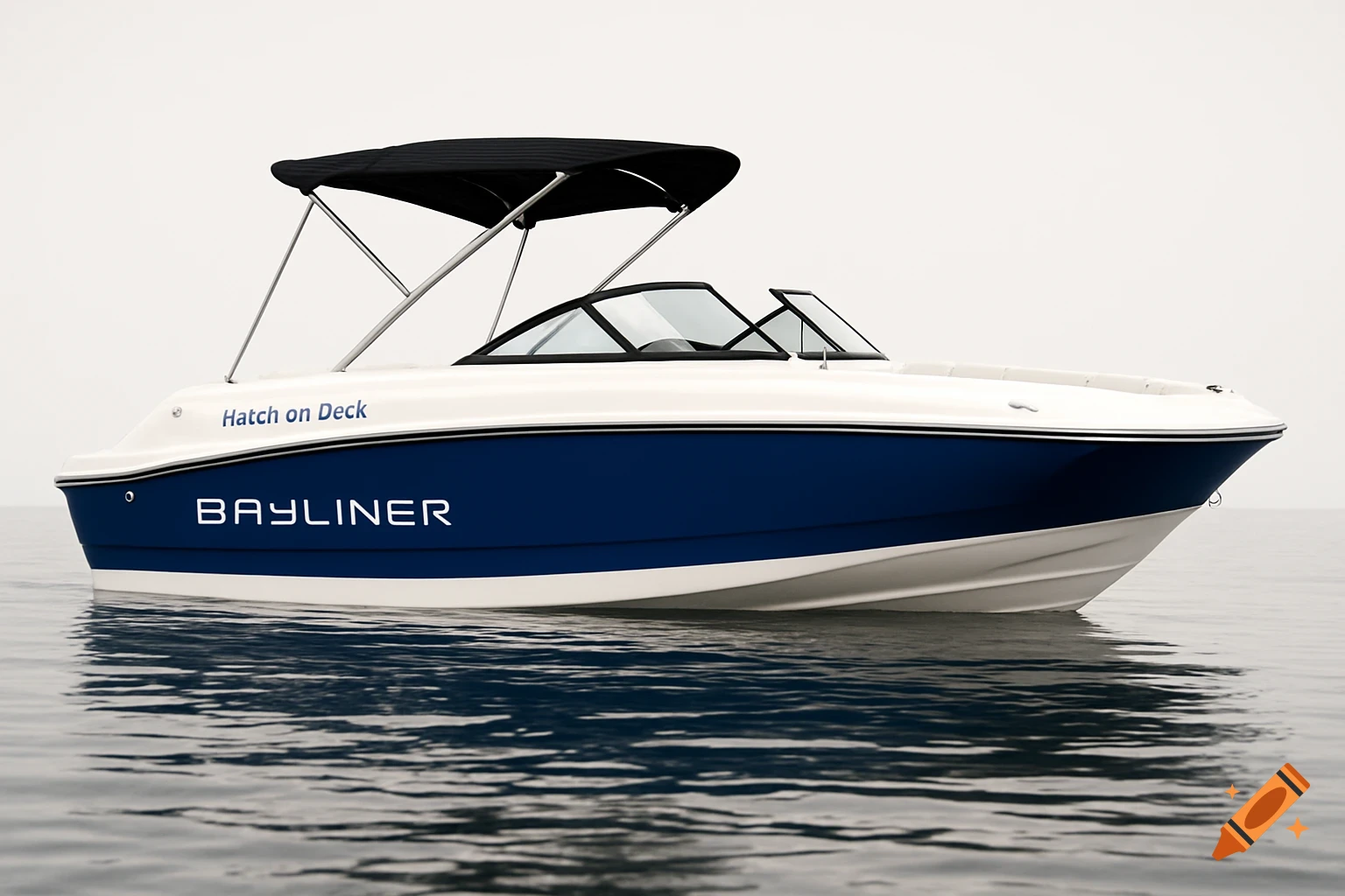 A blue and white Bayliner boat floats on calm water. on Craiyon