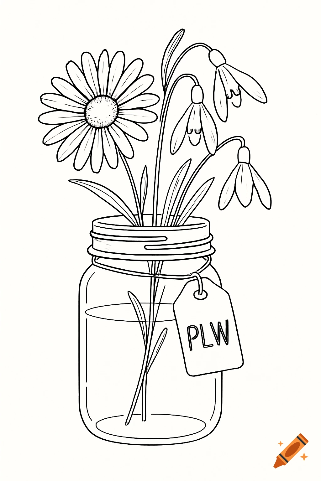 Line art of a daisy and snowdrops in a mason jar with a tag saying PLW ...