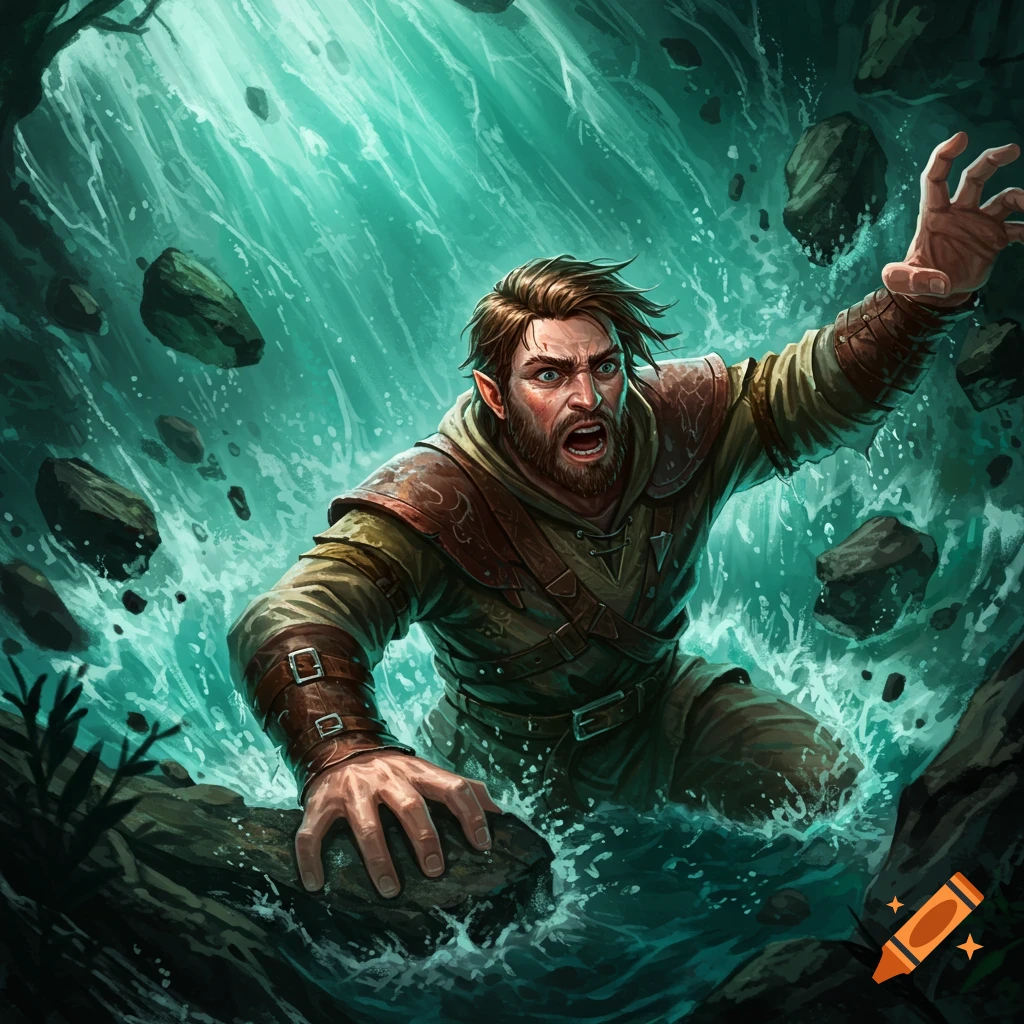 A male fantasy adventurer struggles against a strong current as rocks ...