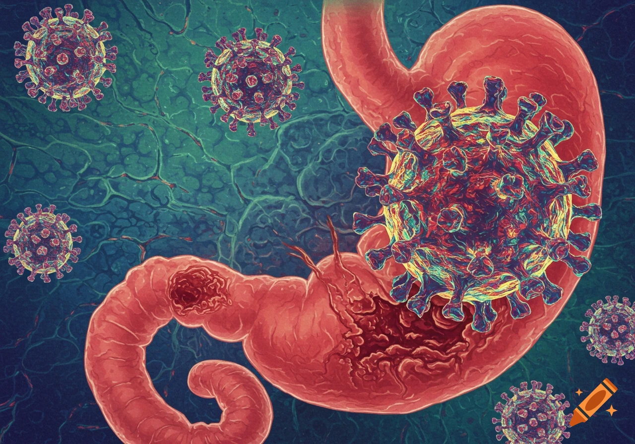 Illustration of a stomach and intestine being attacked by viruses. on ...