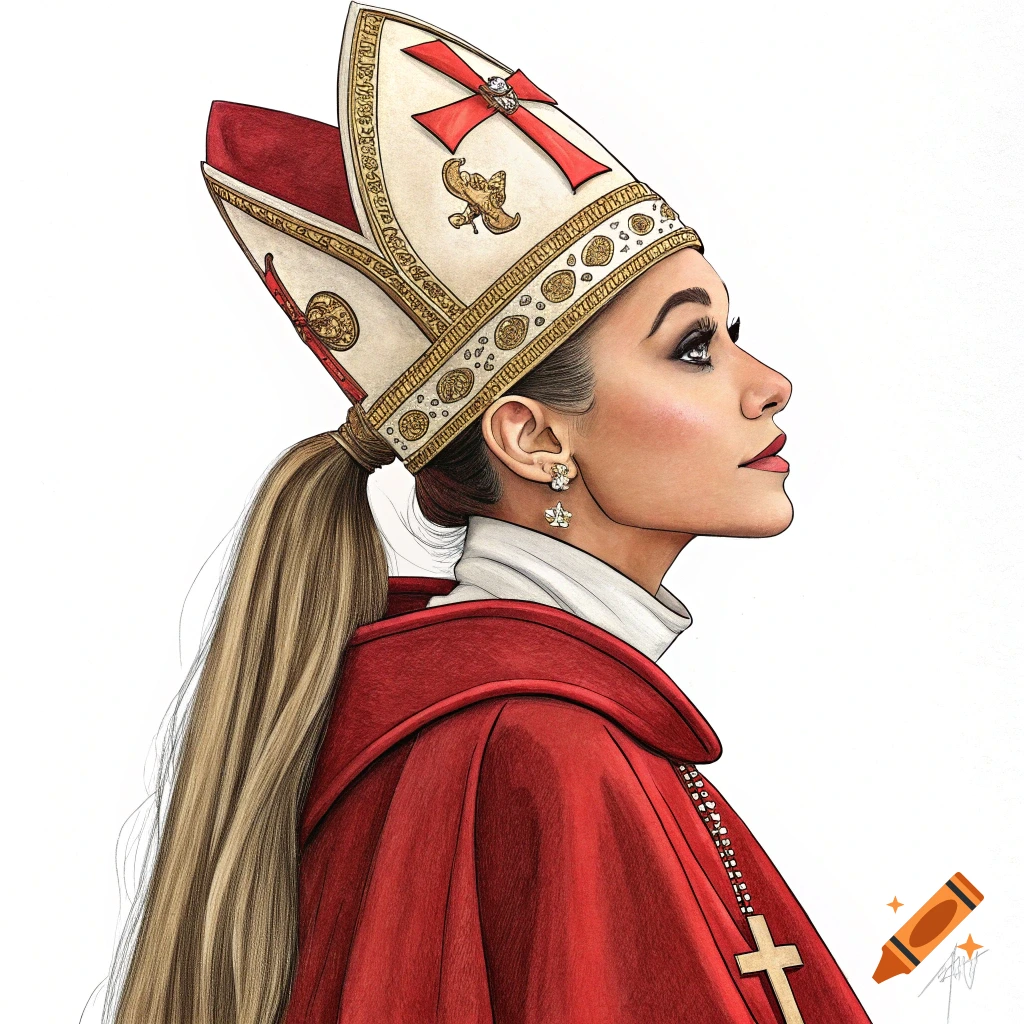 Illustration of a woman resembling Ariana Grande wearing a pope's mitre ...