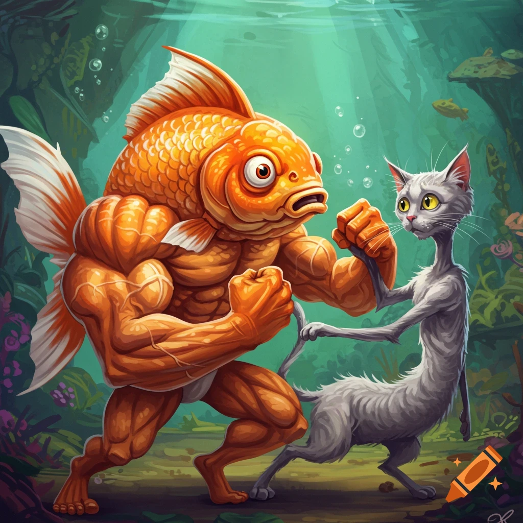 A muscular goldfish faces off against a skinny cat underwater in a ...