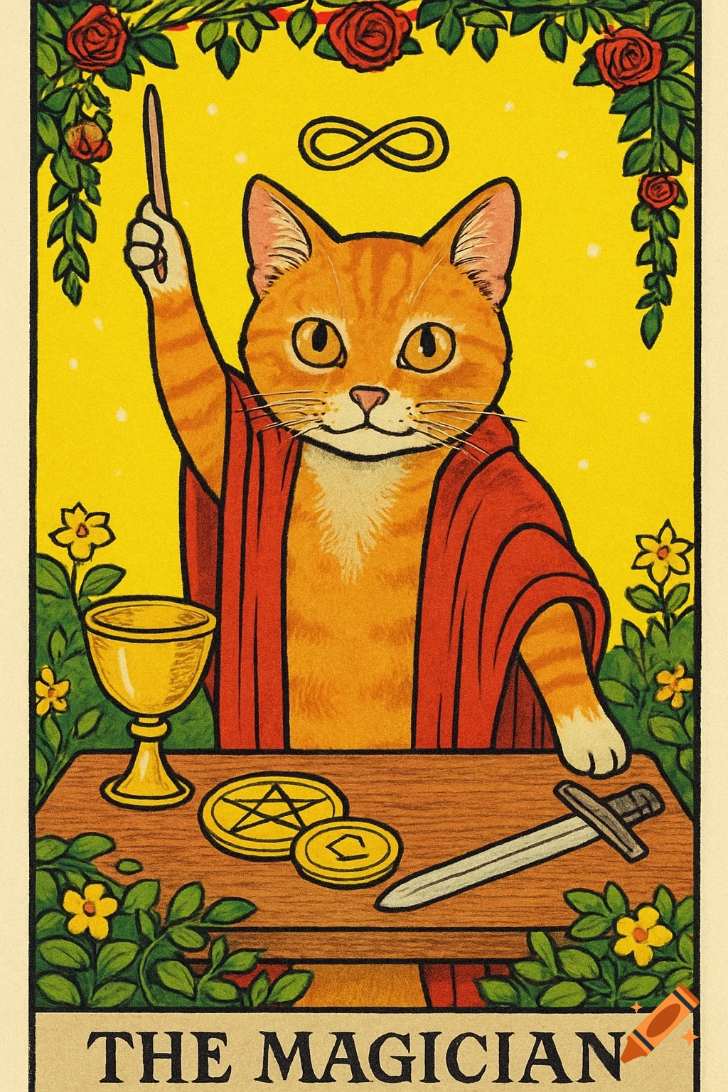 Illustration of a cat as The Magician tarot card with symbols on Craiyon