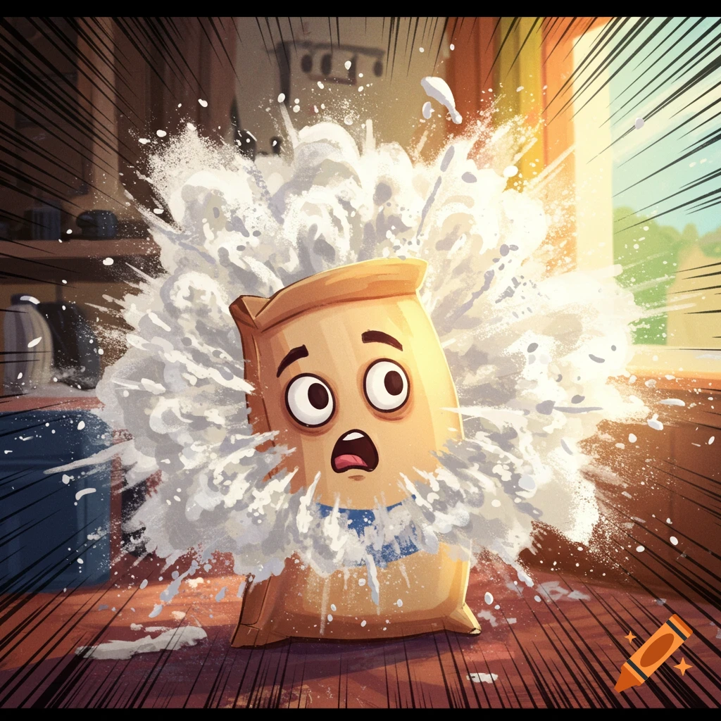 Cartoon bag of flour exploding with white powder in a kitchen. on Craiyon