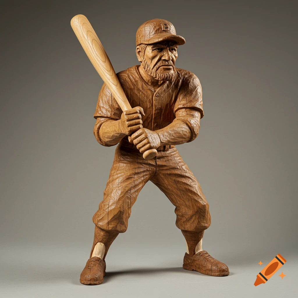 Wood carving of a baseball player holding a bat. on Craiyon