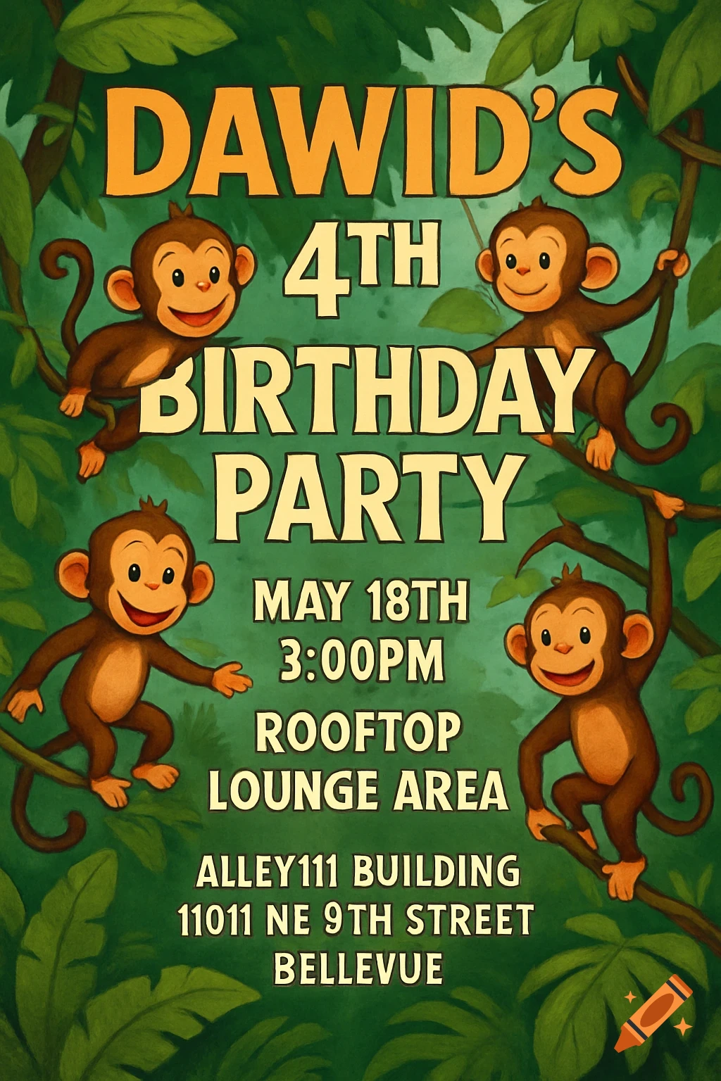Jungle themed birthday party invitation with cartoon monkeys and text. on Craiyon