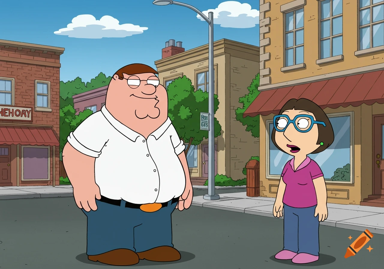 Peter and Meg Griffin stand on a street in Quahog in the style of the cartoon Family Guy. on Craiyon