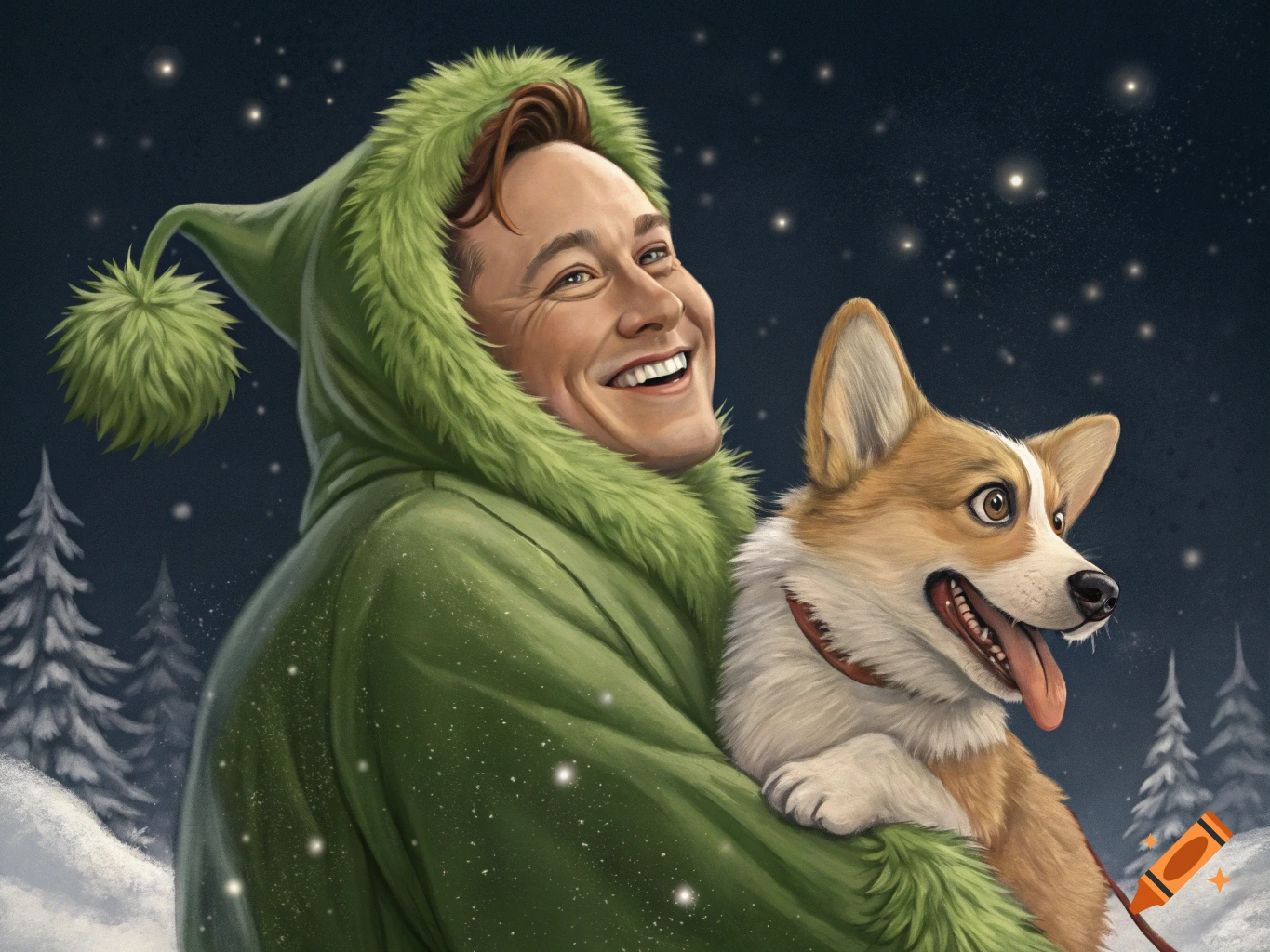 Figure resembling the Grinch holds a corgi in a snowy night ...