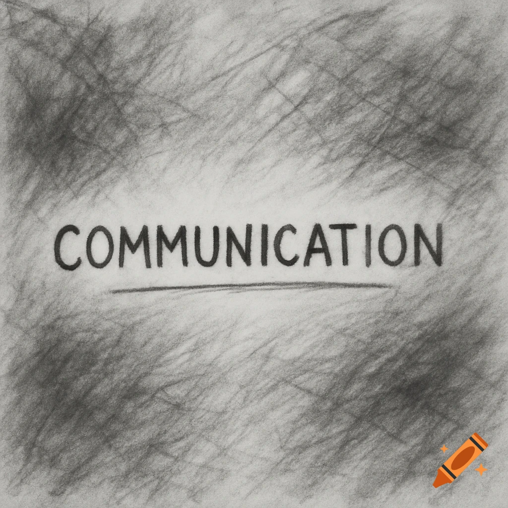 Black and white sketch art with the word COMMUNICATION centered and underlined, surrounded by ...