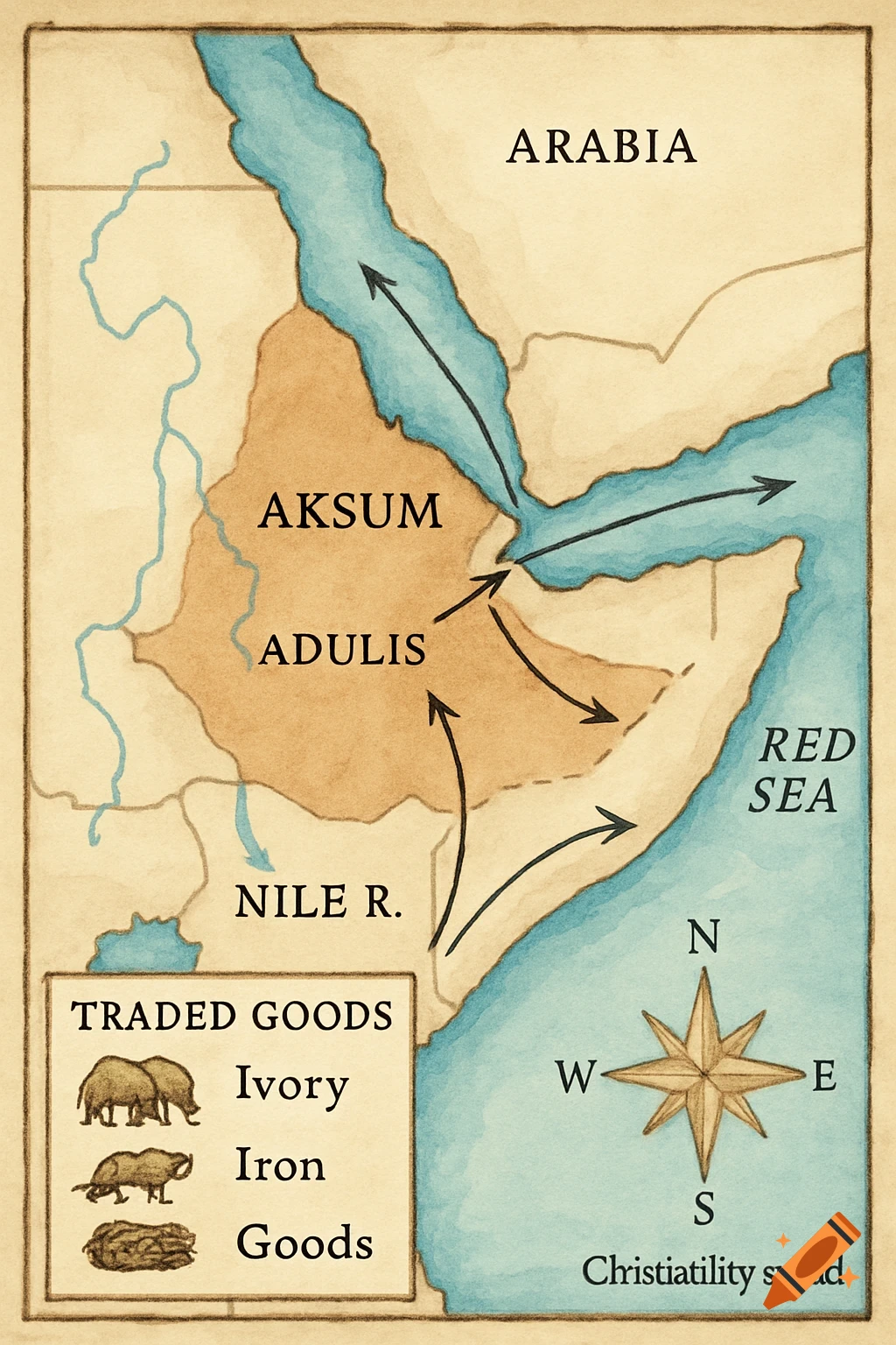 Watercolor map showing Aksum, Red Sea, Arabia, trade routes, compass ...