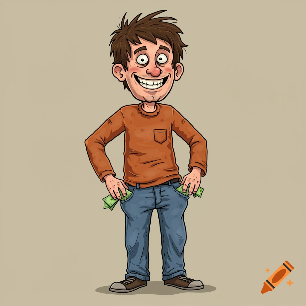Cartoon man standing, smiling, and pulling money out of his pants ...