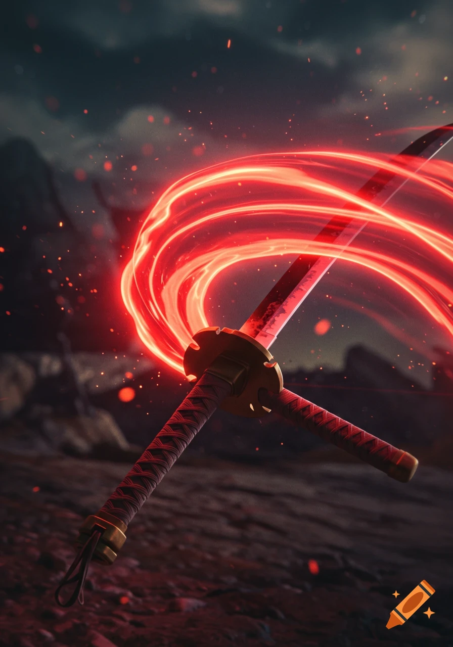 Close-up of a katana sword with a swirling red energy effect against a ...
