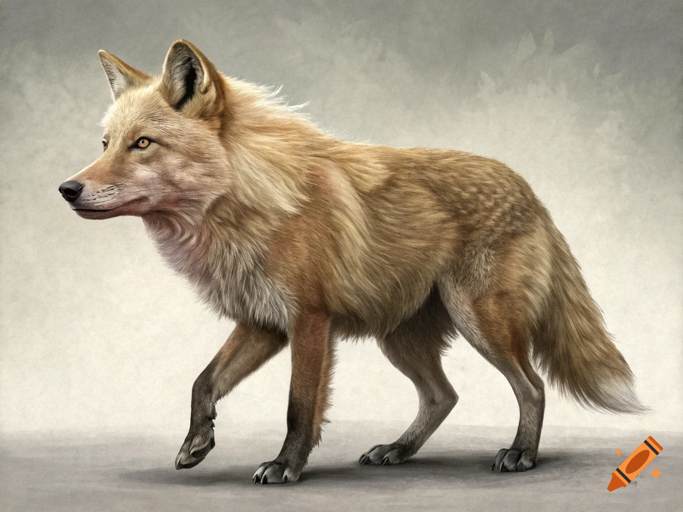 Painting of a hybrid fox-wolf creature walking. on Craiyon