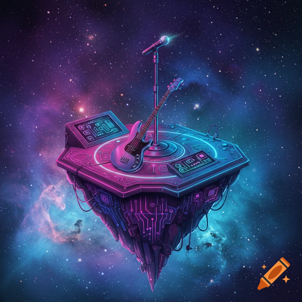A glowing electronic musical island floats in space with a bass guitar ...