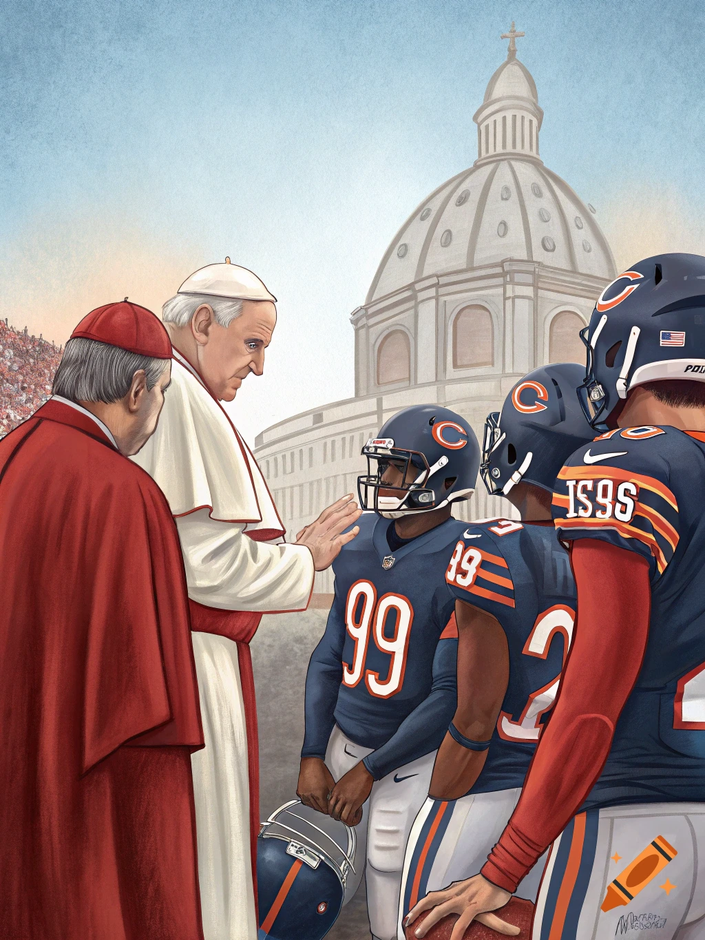 Illustration of the Pope and a cardinal meeting Chicago Bears football ...