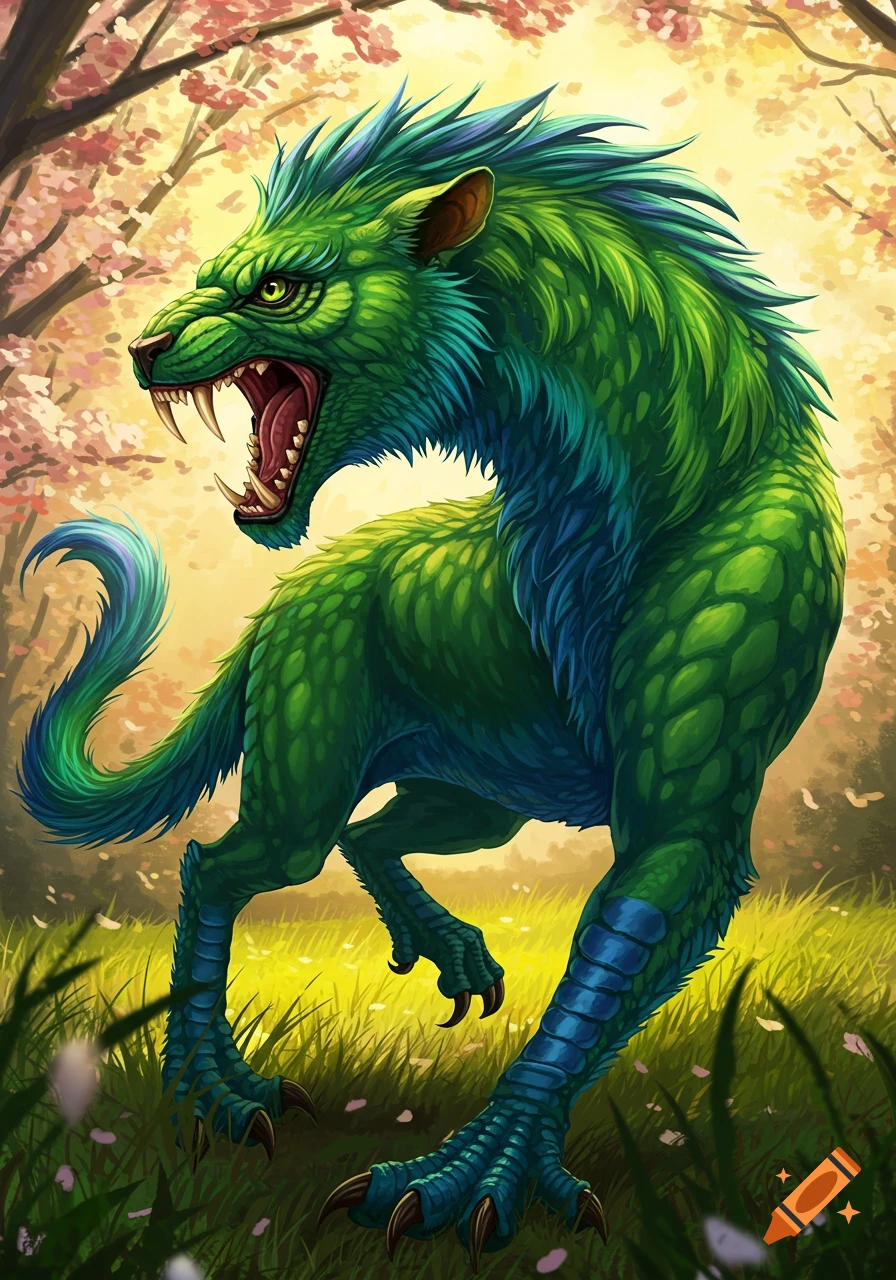 Green and blue fantasy creature runs through a sunny forest. on Craiyon