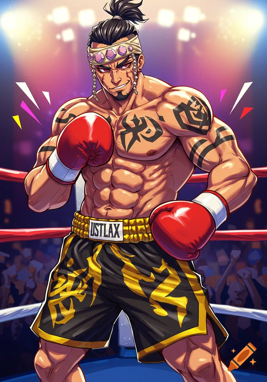 Muscular anime character in a boxing ring wearing gloves and shorts on ...