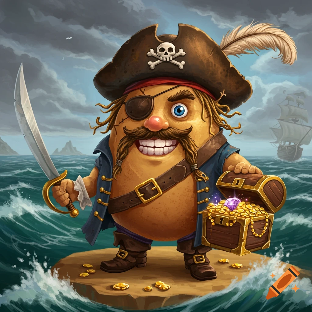 A cartoon potato pirate stands on a small island with a sword and a ...