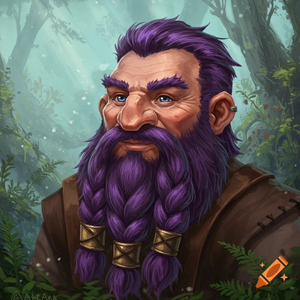 Portrait of a dwarf with purple hair and braided beard in a forest clearing. on Craiyon