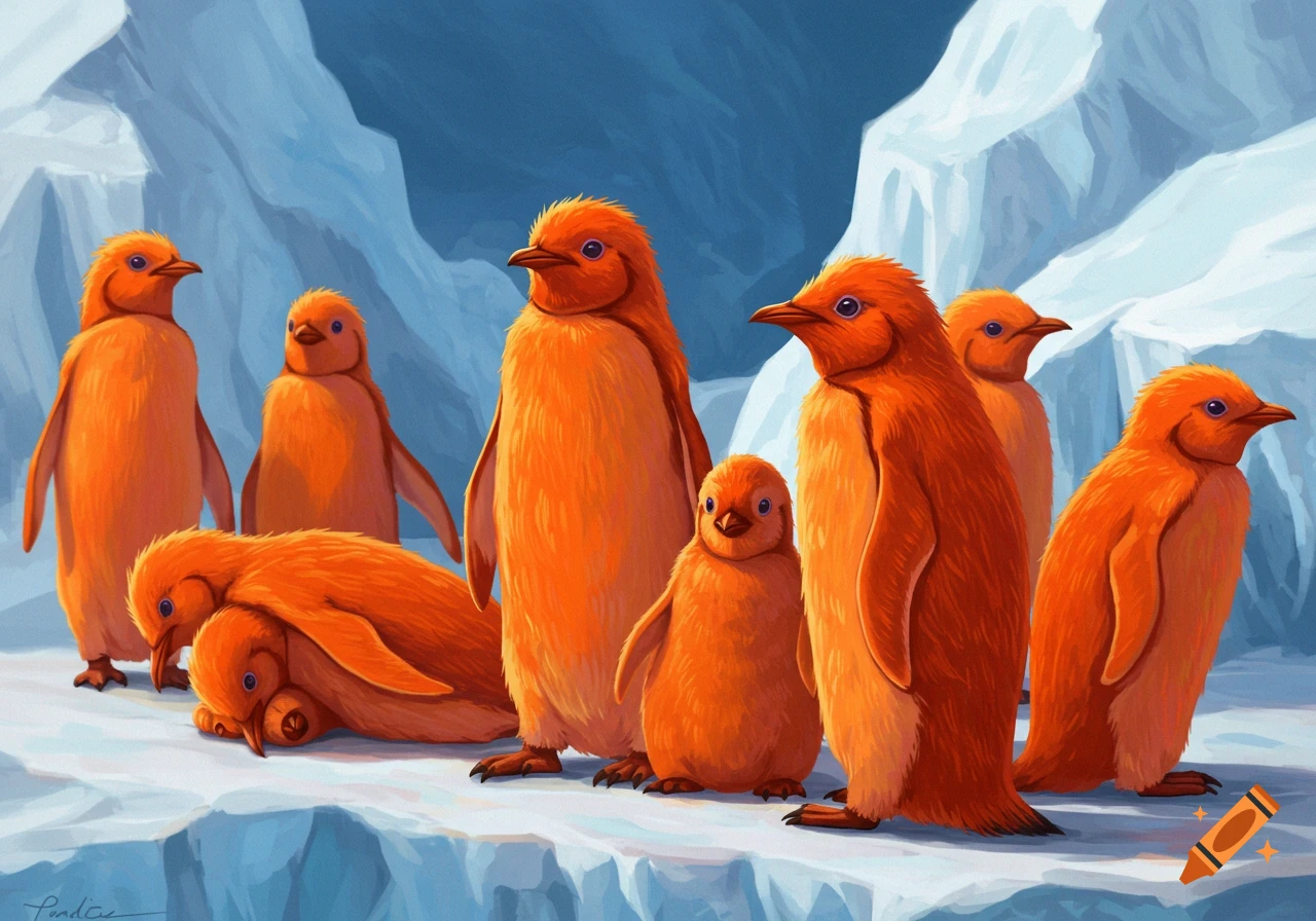 Orange penguins standing and lying on ice with mountains in the ...