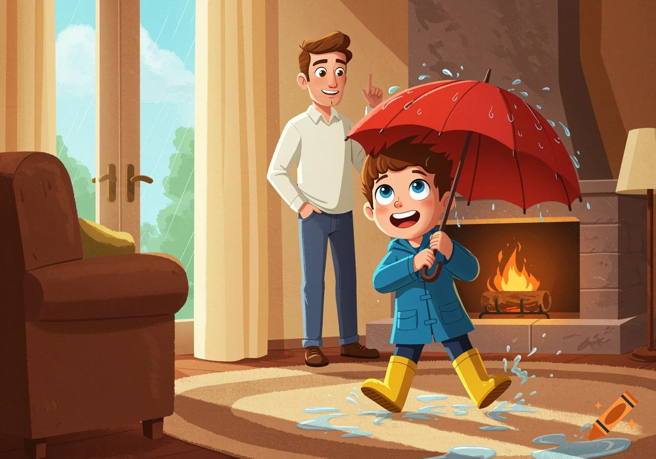 A cartoon illustration of a young boy splashing in puddles indoors with ...